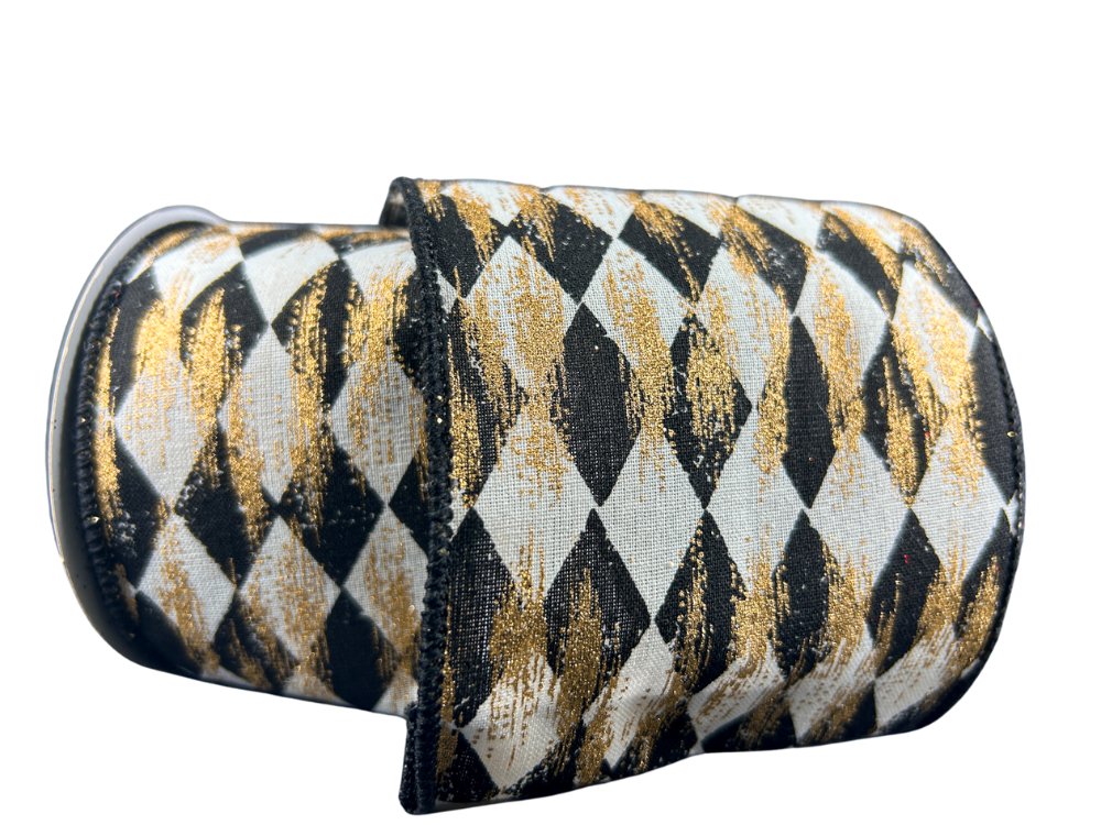 4" Faded Harlequin Ribbon with Metallic Gold : Ivory/Black- 10yds ...